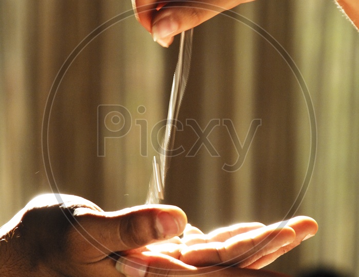 Image of A Woman Hand Dropping Something On a Man Hand Closeup-PR188599 ...