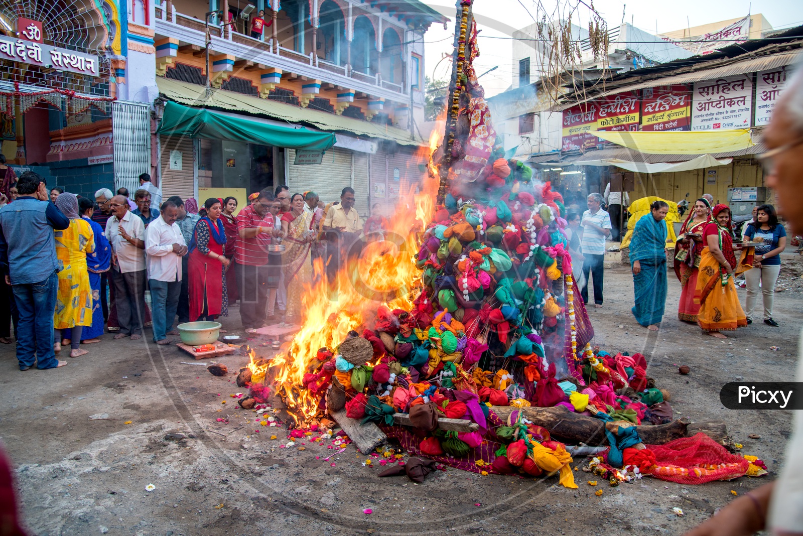 Image of Indian People Celebrating Holika Dahan a Worship By Firing ...
