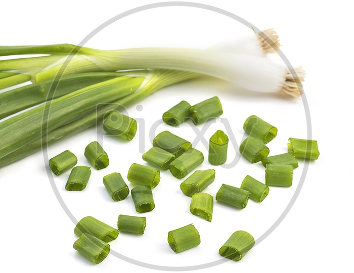 Image of Fresh And Finely Chopped Green Spring Onions on an Isolated ...