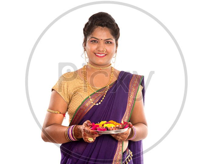 Image of Portrait Of an Traditional Indian Marathi Woman Holding Pooja ...
