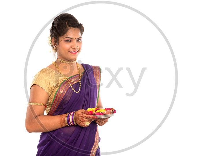 Image of Portrait Of an Traditional Indian Marathi Woman Holding Pooja ...