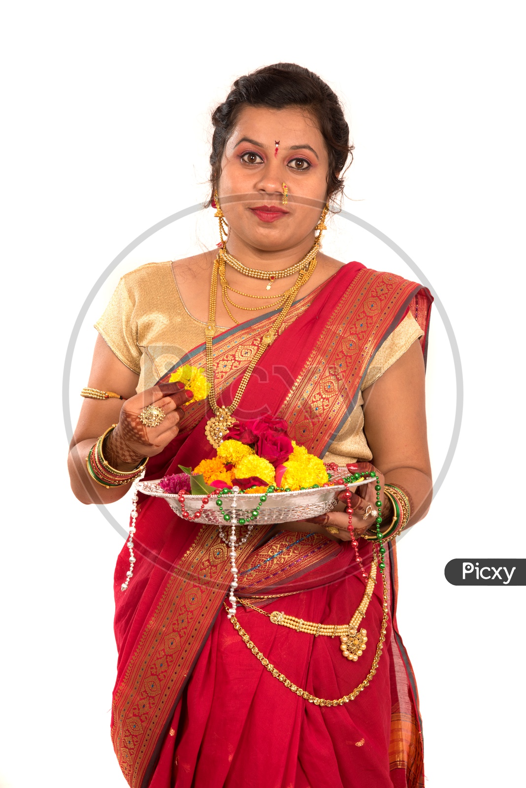 Image of Portrait Of an Traditional Indian Marathi Woman Holding Pooja ...