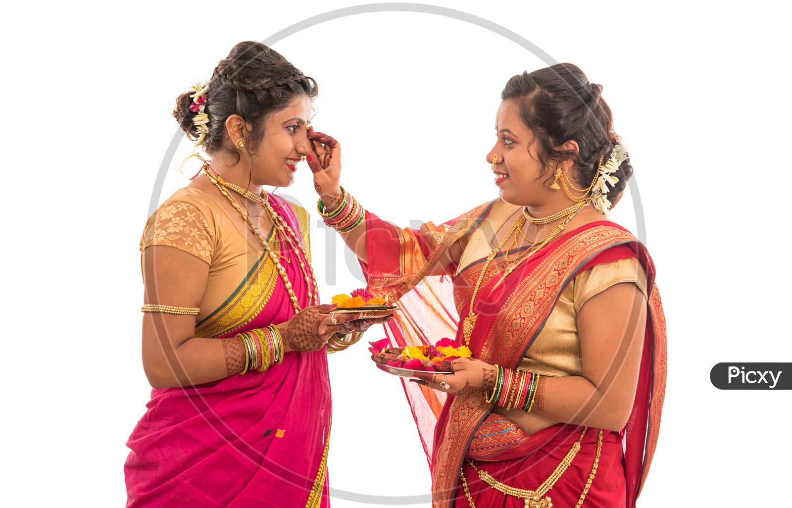 Image of Indian Traditional Marathi Woman or Sisters Holding Pooja ...