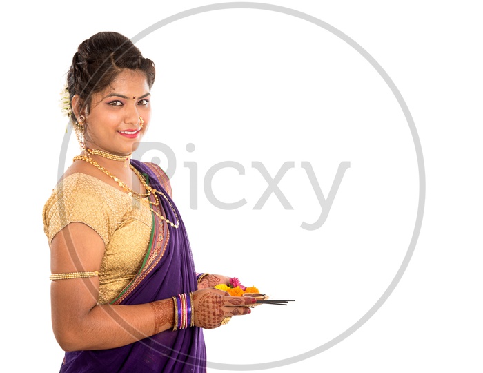 Image of Portrait Of an Traditional Indian Marathi Woman Holding Pooja ...
