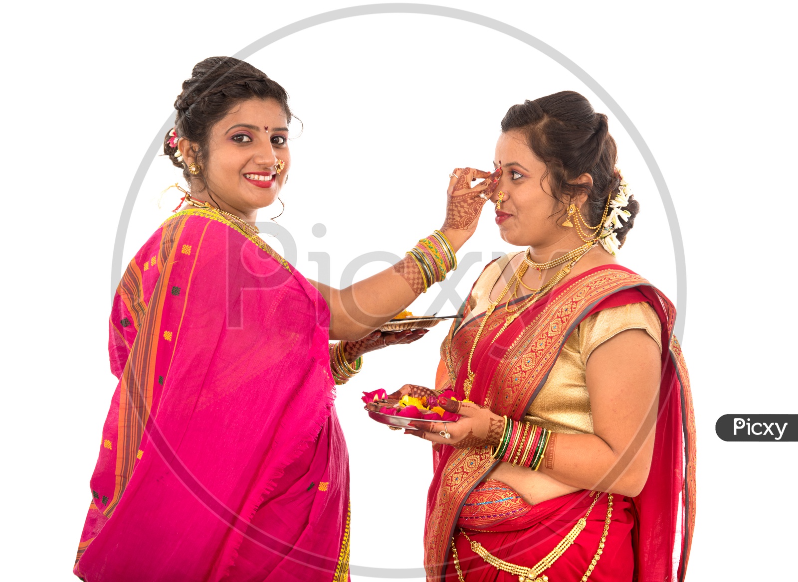 Image of Indian Traditional Marathi Woman or Sisters Holding Pooja ...