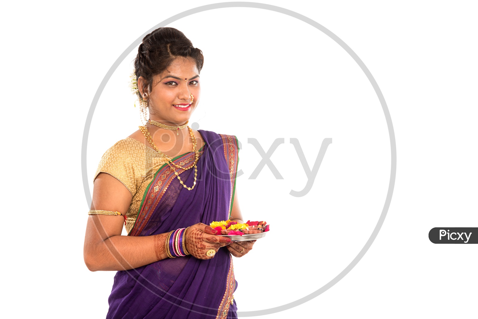 Image of Portrait Of an Traditional Indian Marathi Woman Holding Pooja ...