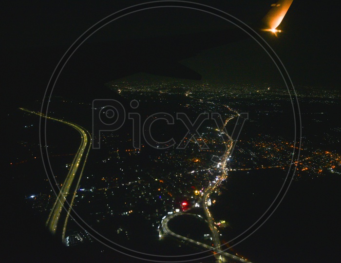 Image of Aerial View Of City Scape Of Hyderabad And Roads In Night Time ...