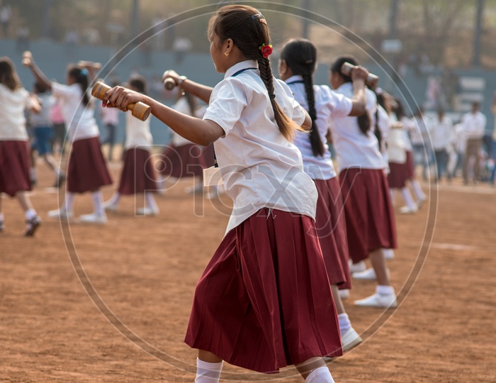 Image of Indian School Children In Uniforms Doing Exercises by Standing ...