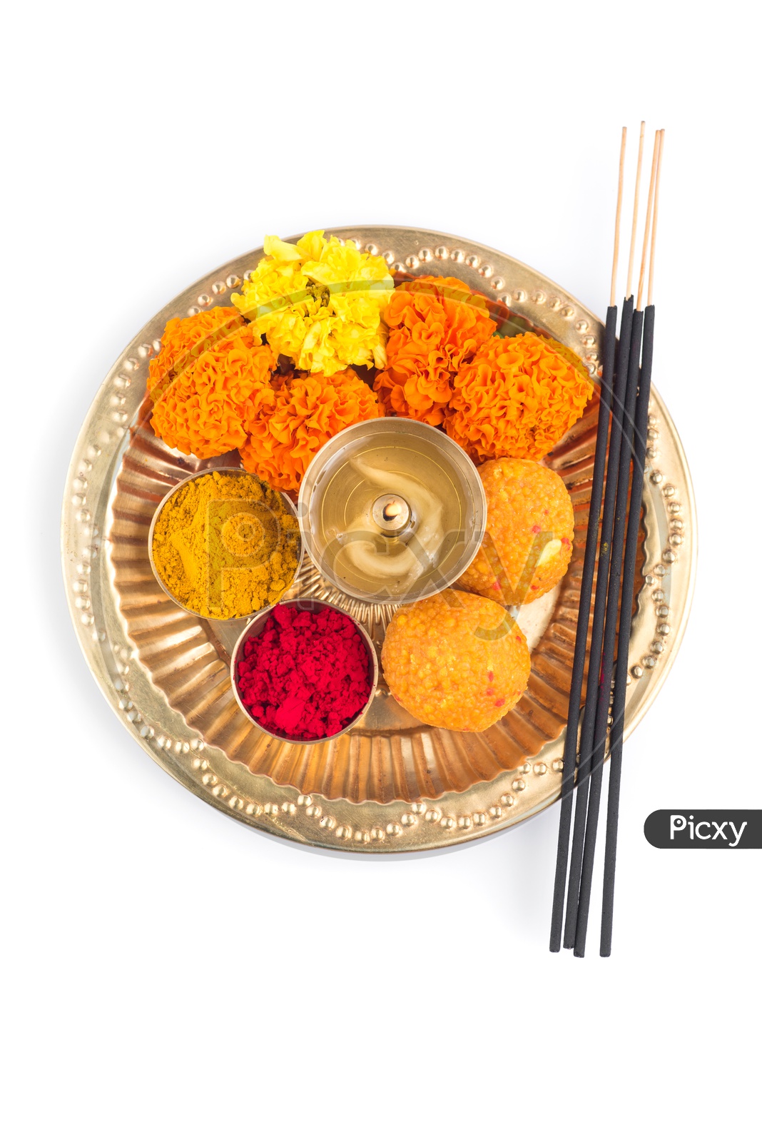 Image of Indian Hindu Pooja Plates Or Thali With Diya , Kumkum , Sweet ...