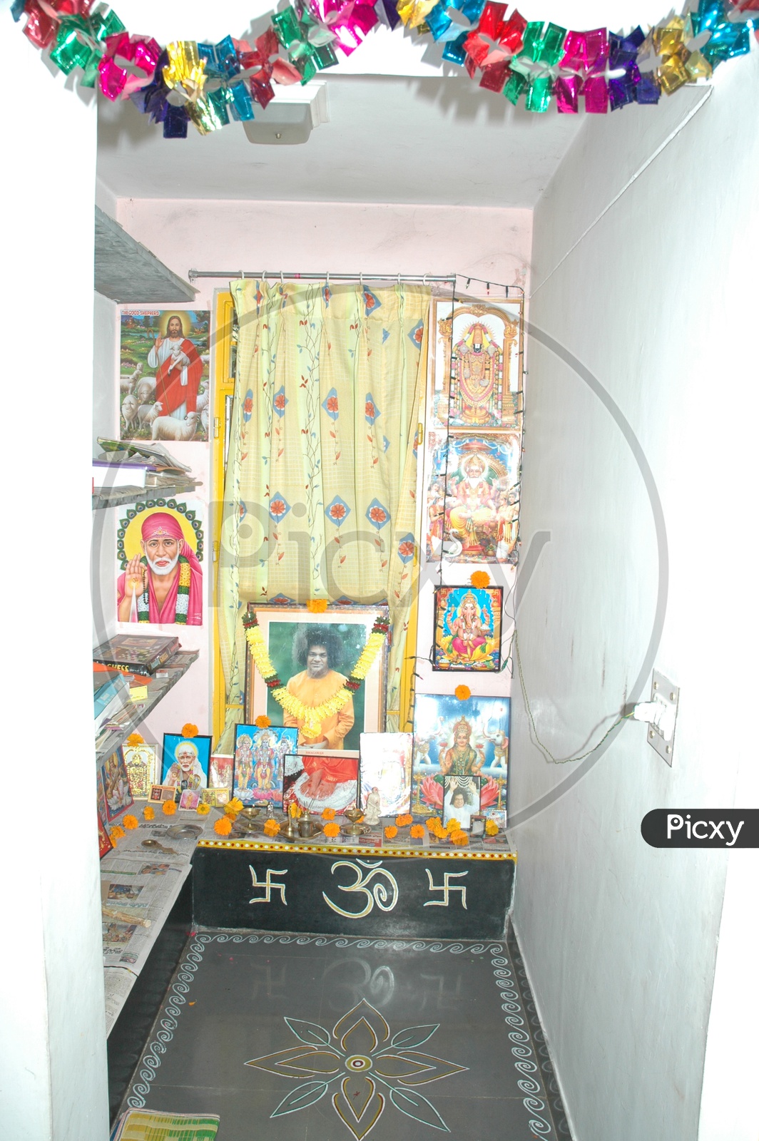 Image of Pooja Room With Photo Frames Of Indian Gods In a House ...