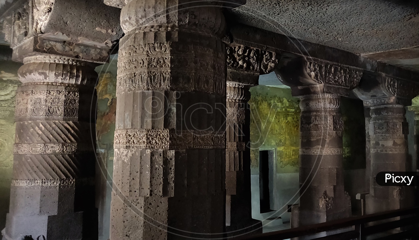 Image of Ancient Stone Cravings With Architecture Of Pillars at Ajanta ...
