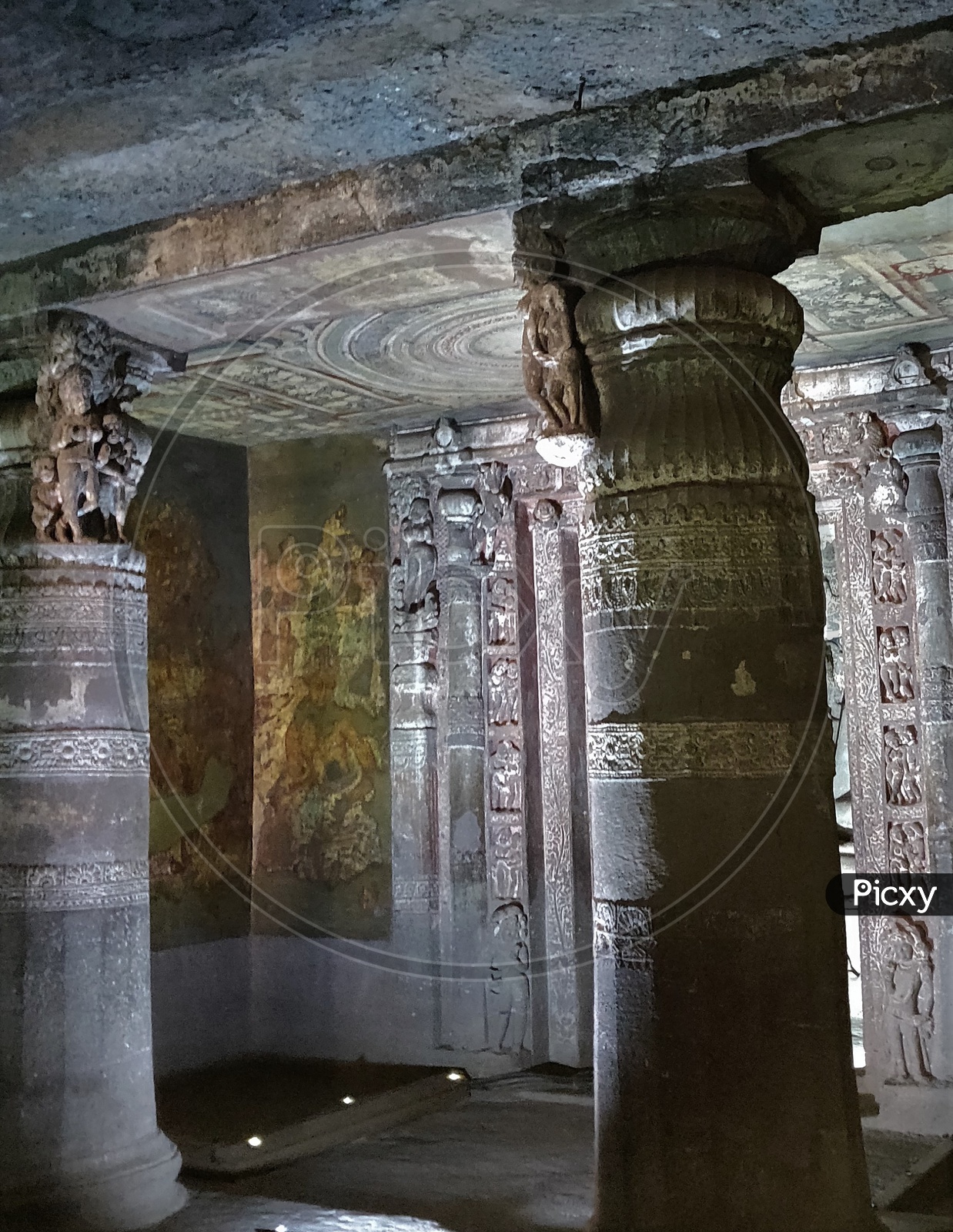 Image of Ancient Stone Cravings With Architecture Of Pillars at Ajanta ...