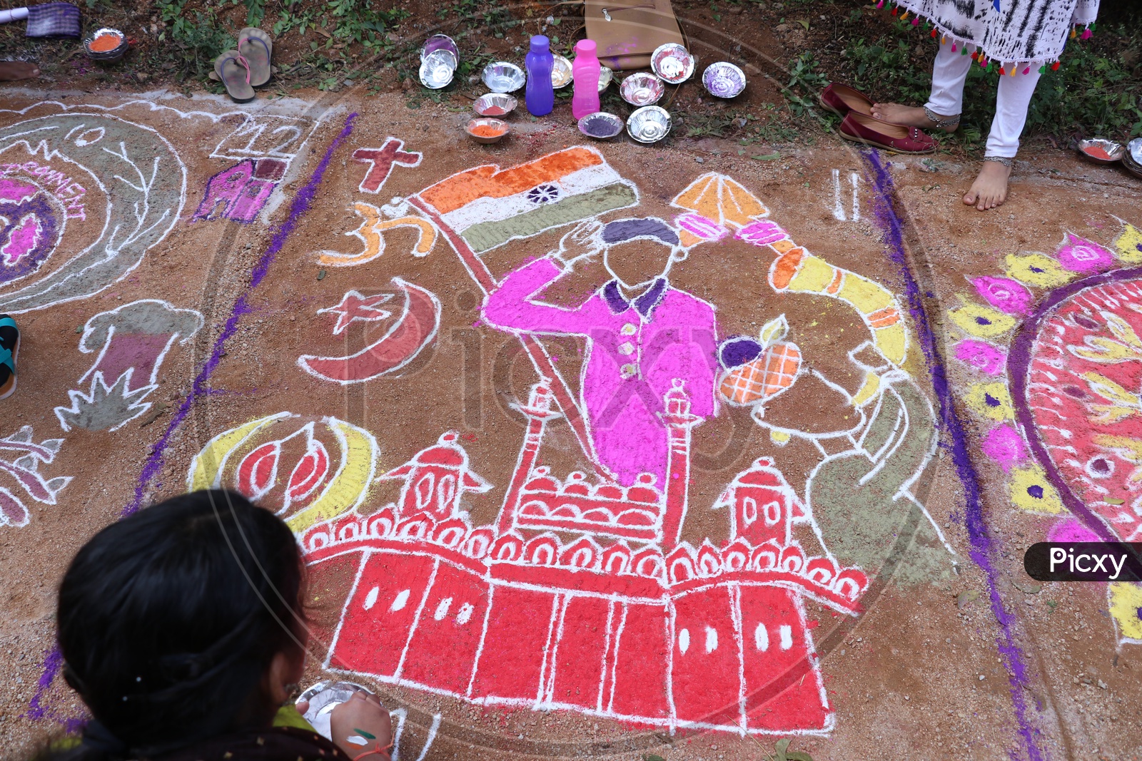 Image of Indian School Girls Participating In a Rangoli Competition ...