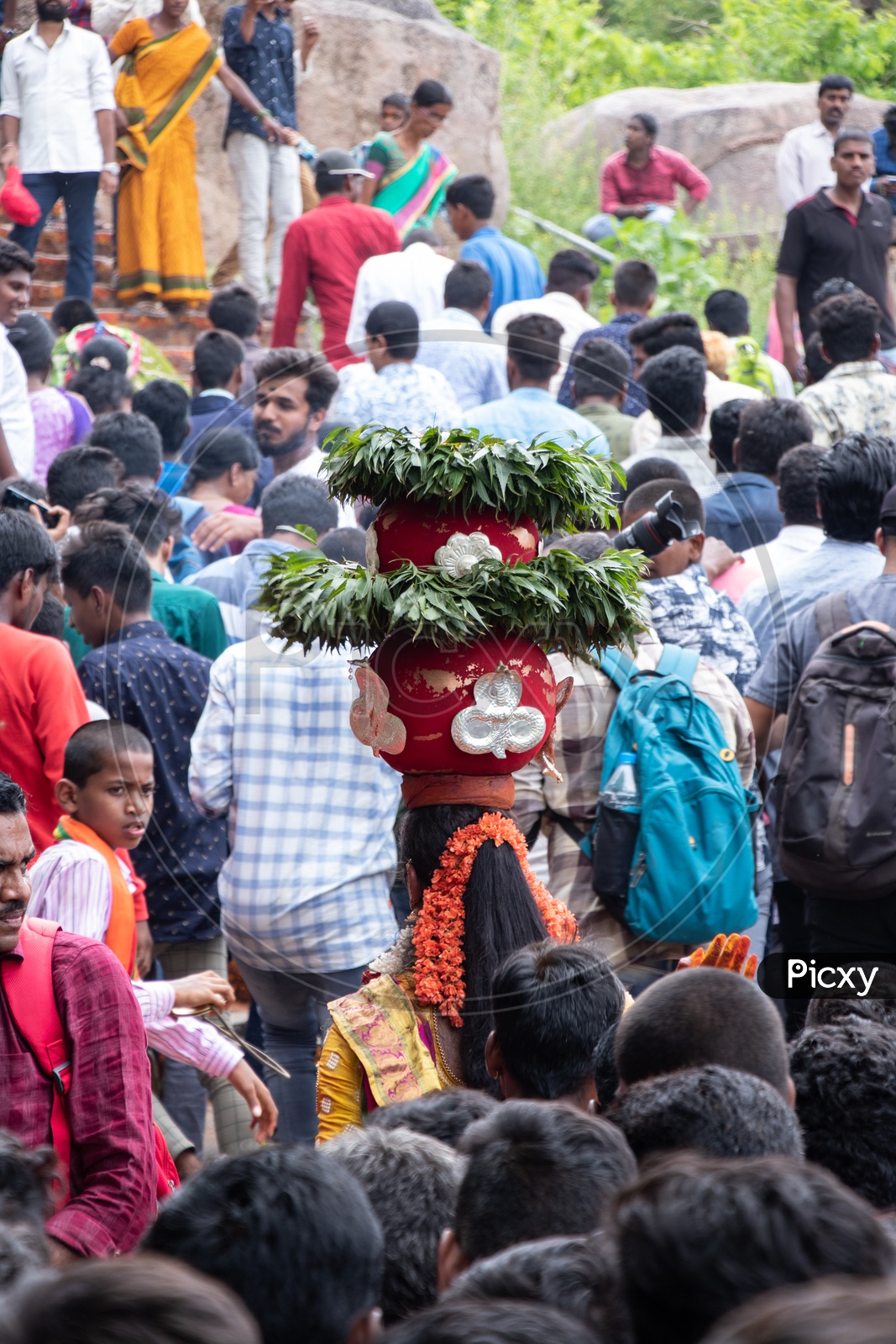 Image of A Woman Carrying Bonam or Bonalu On Her Head At Golconda ...