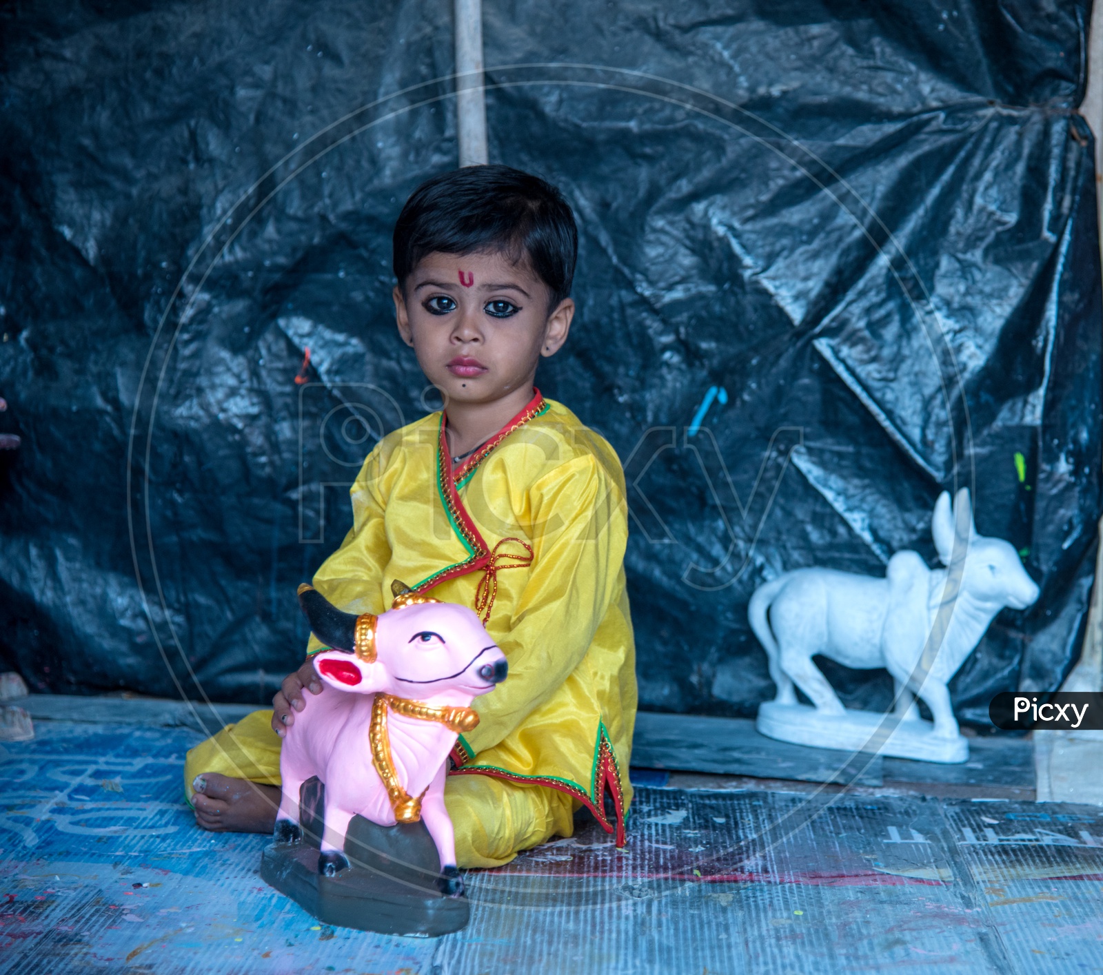 Image of Indian Child With Holy Scared Cow Idol-OK323539-Picxy