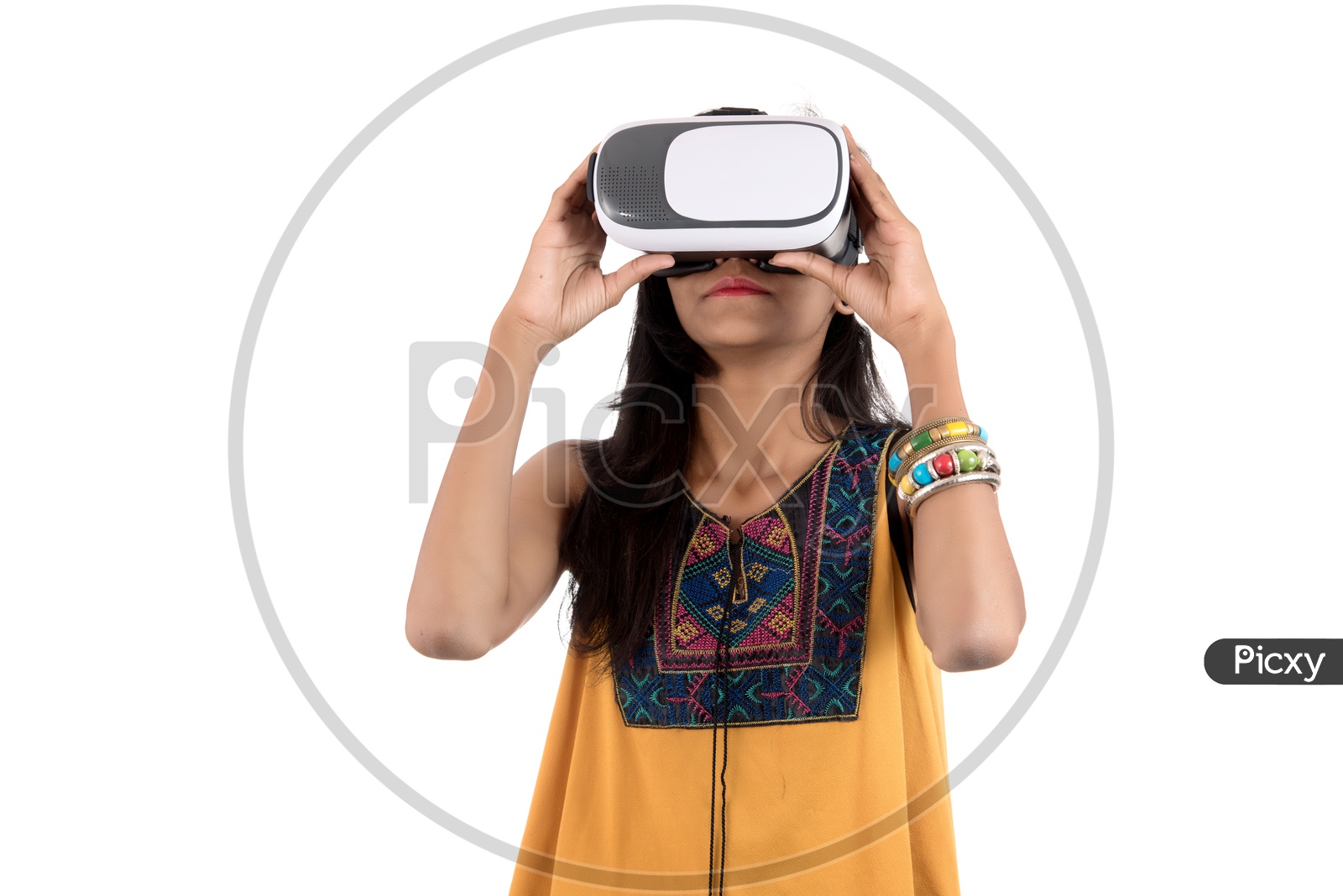 Image of Beautiful Girl Looking Through VR Device or Young Girl Wearing ...