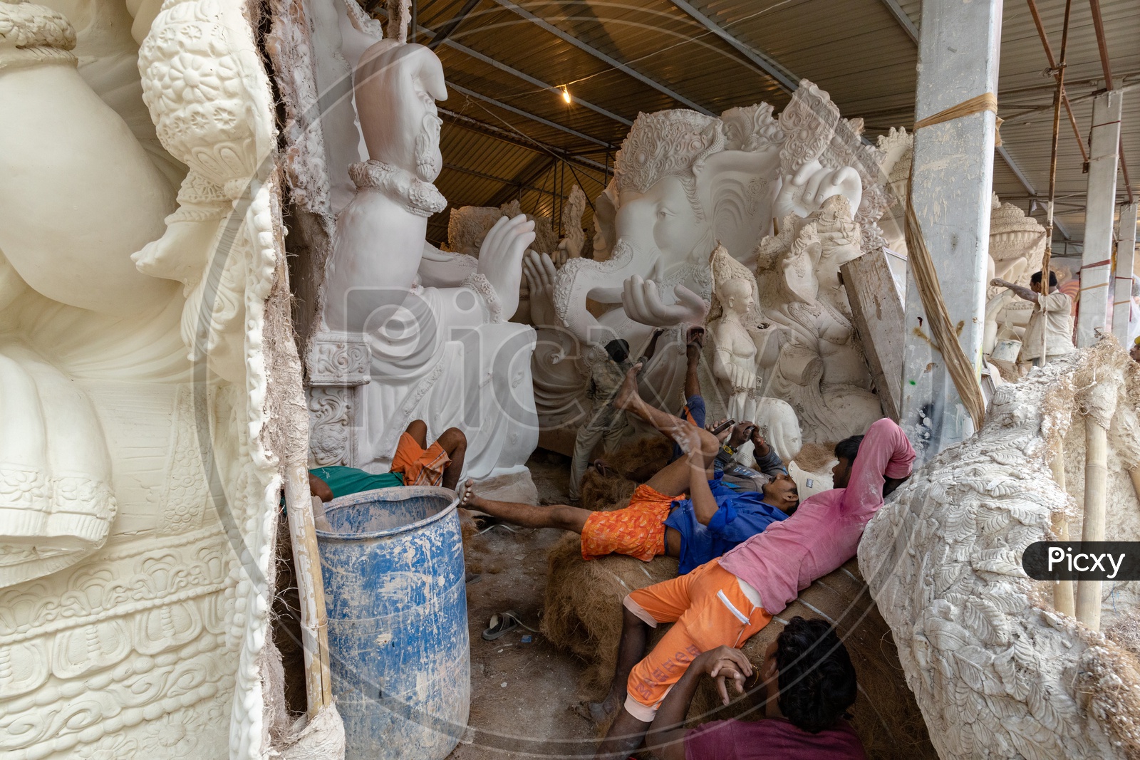 Image of Workers Artists Taking Rest In Works Shops Of Ganesh Idols ...
