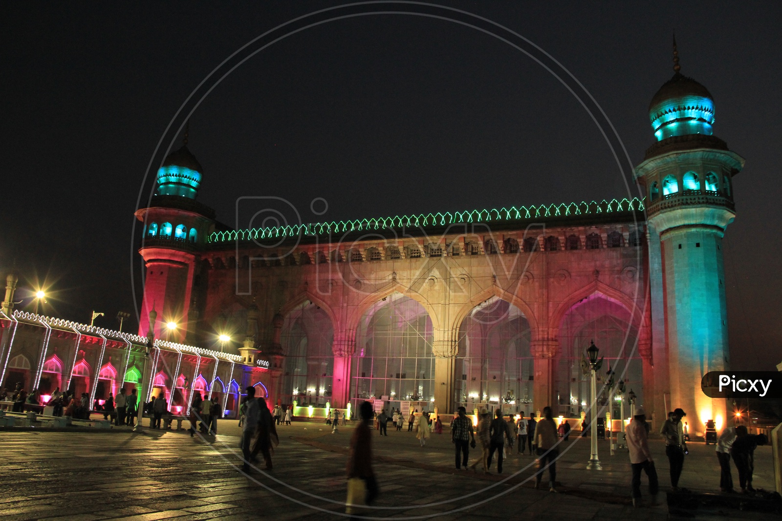 Image of Mecca Masjid Light up In Night With Colourful Lights In Night ...