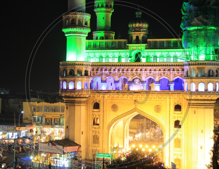 Image of Charminar Light Up With Colour Lights on Night Time-AV911274-Picxy