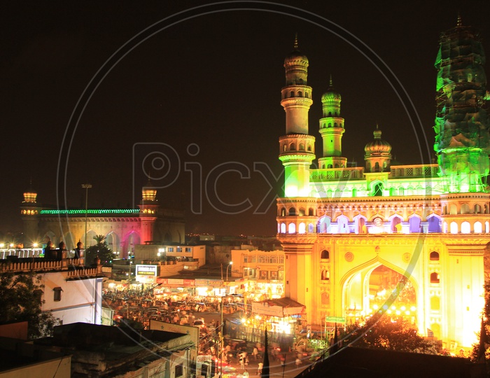 Image of Charminar Light Up With Colour Lights on Night Time-AV911274-Picxy