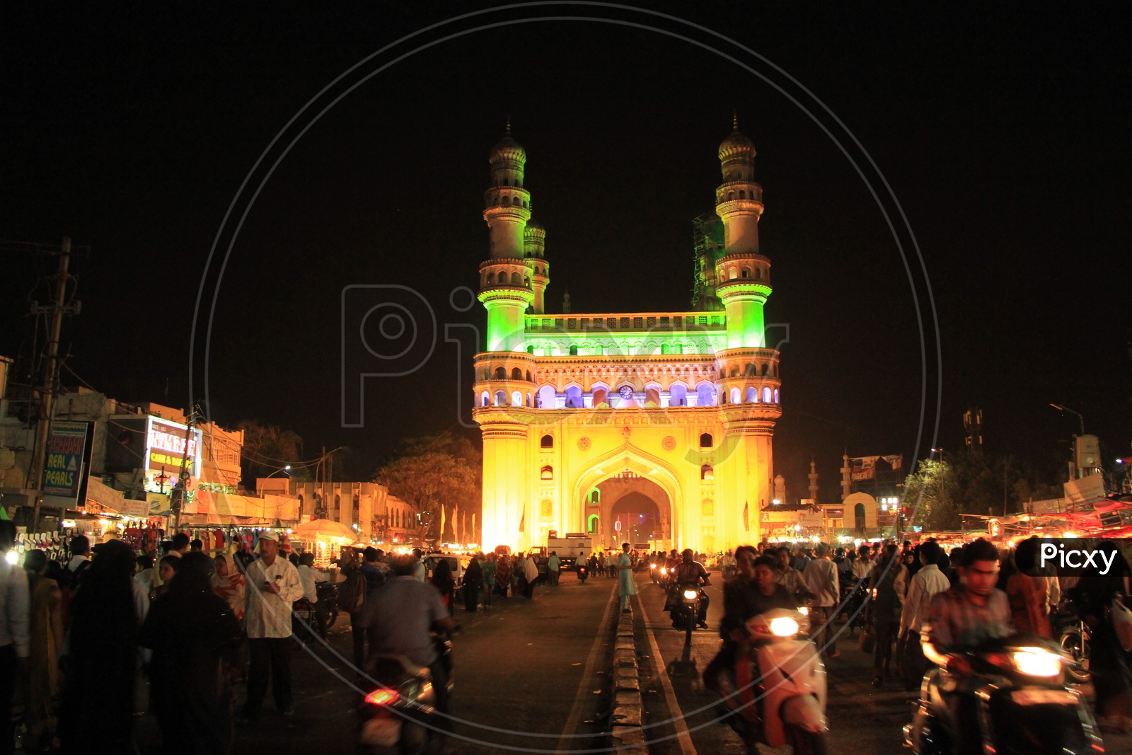 Image of Charminar Lightup With Colourful Lights in Night-KJ993349-Picxy