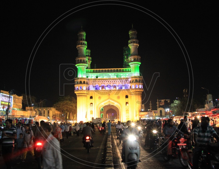 Image of Charminar Lightup With Colourful Lights in Night-KJ993349-Picxy