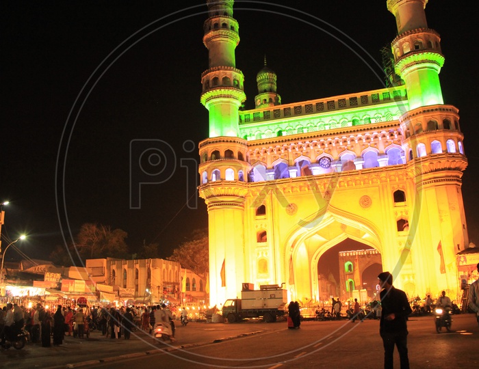 Image of Charminar Lightup With Colourful Lights in Night-CL338036-Picxy