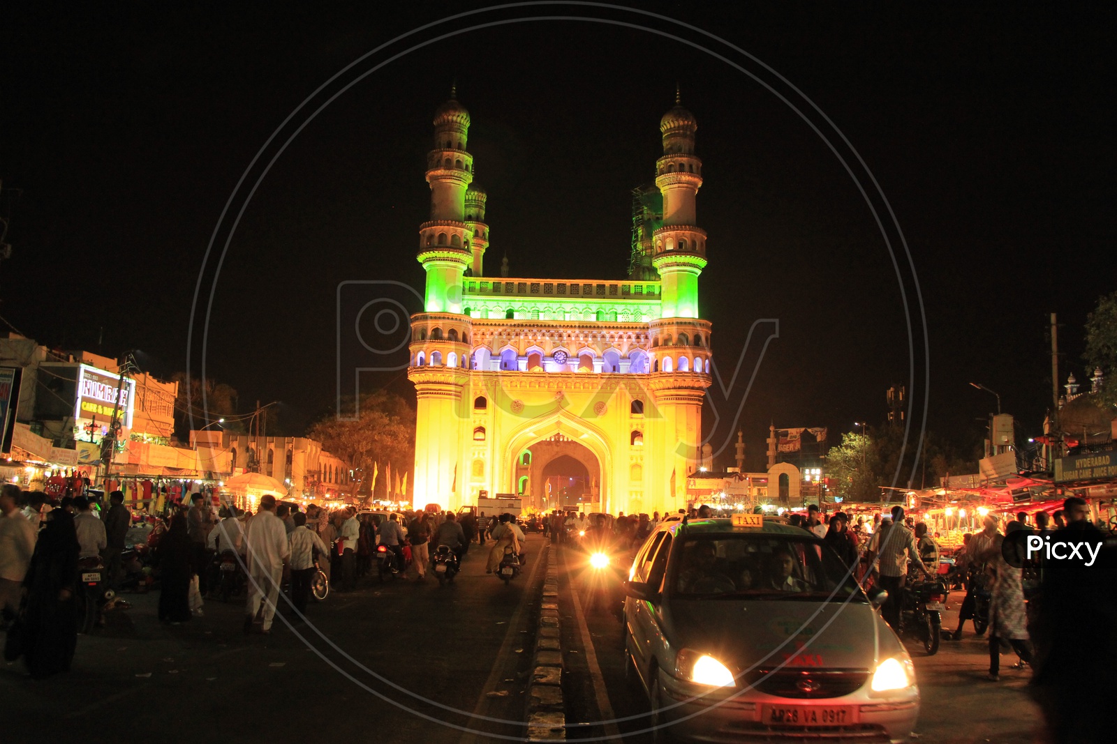 Image of Charminar Lightup With Colourful Lights in Night-RP718808-Picxy