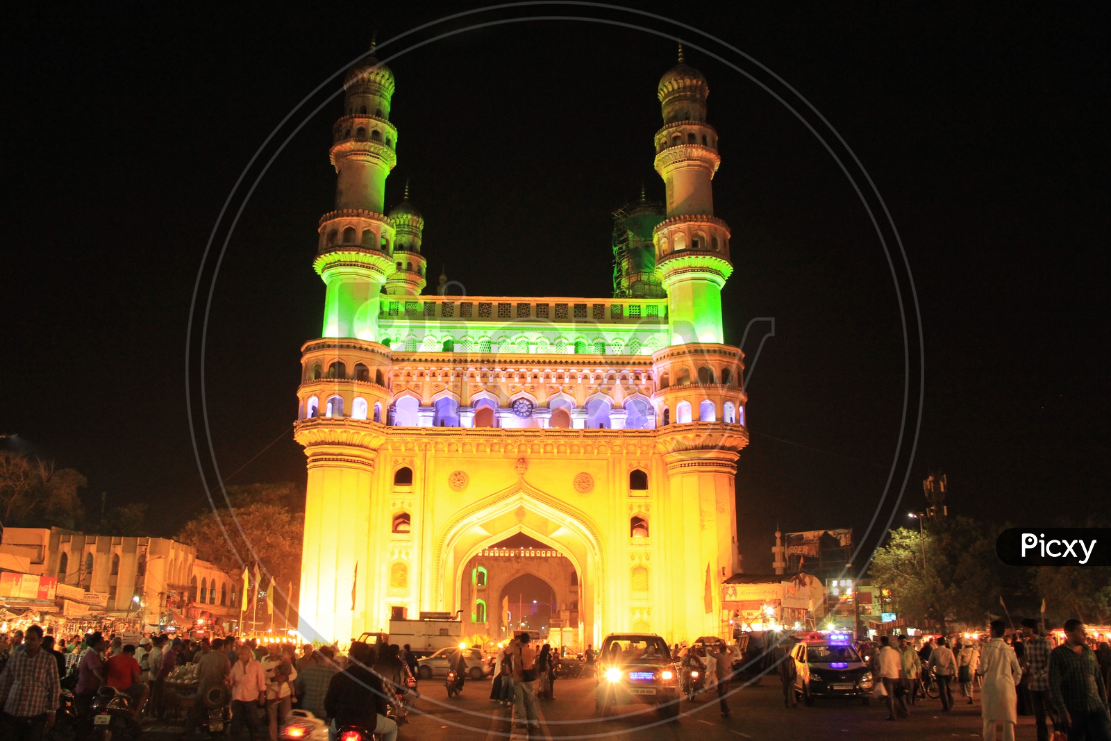 Image of Charminar Lightup With Colourful Lights in Night-FG655746-Picxy