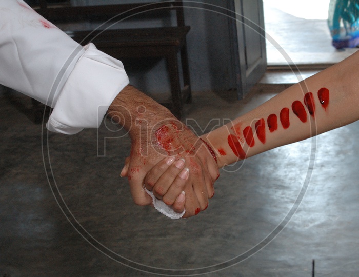 Image of Wounds To an Woman Hands With Blood Stains in Movie Working ...