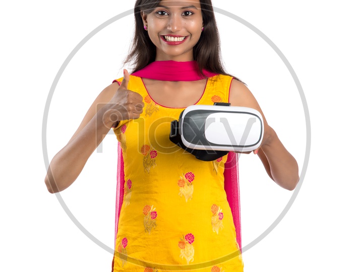 Image of Young Indian Woman Or Girl Holding and Posing With a VR ...