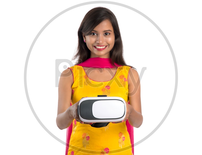 Image of Young Indian Woman Or Girl Holding and Posing With a VR ...