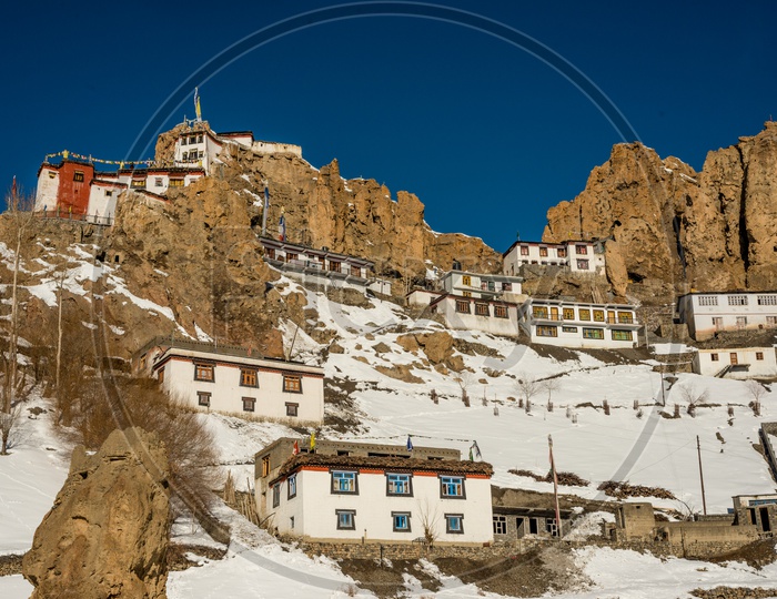 Image of Sunrise over Dhankar Monastery Covered with Snow in Winter ...