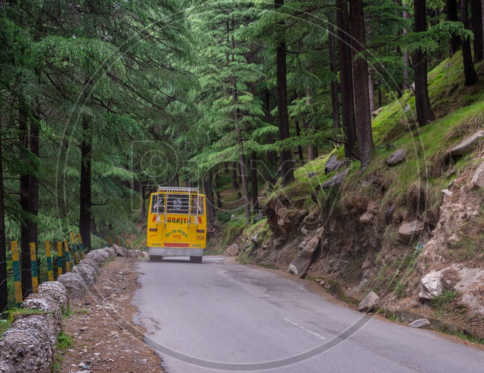 Image of A bus moving along the roadway through woods-KD364652-Picxy