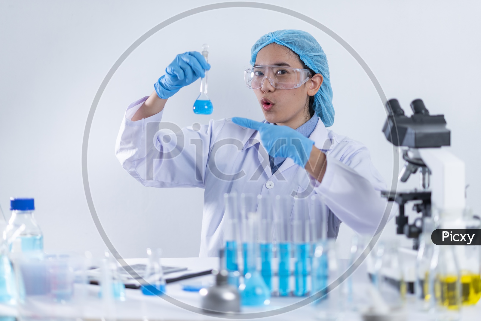 Image of researcher working with glassware, glass equipment in scientific genetic laboratory ...