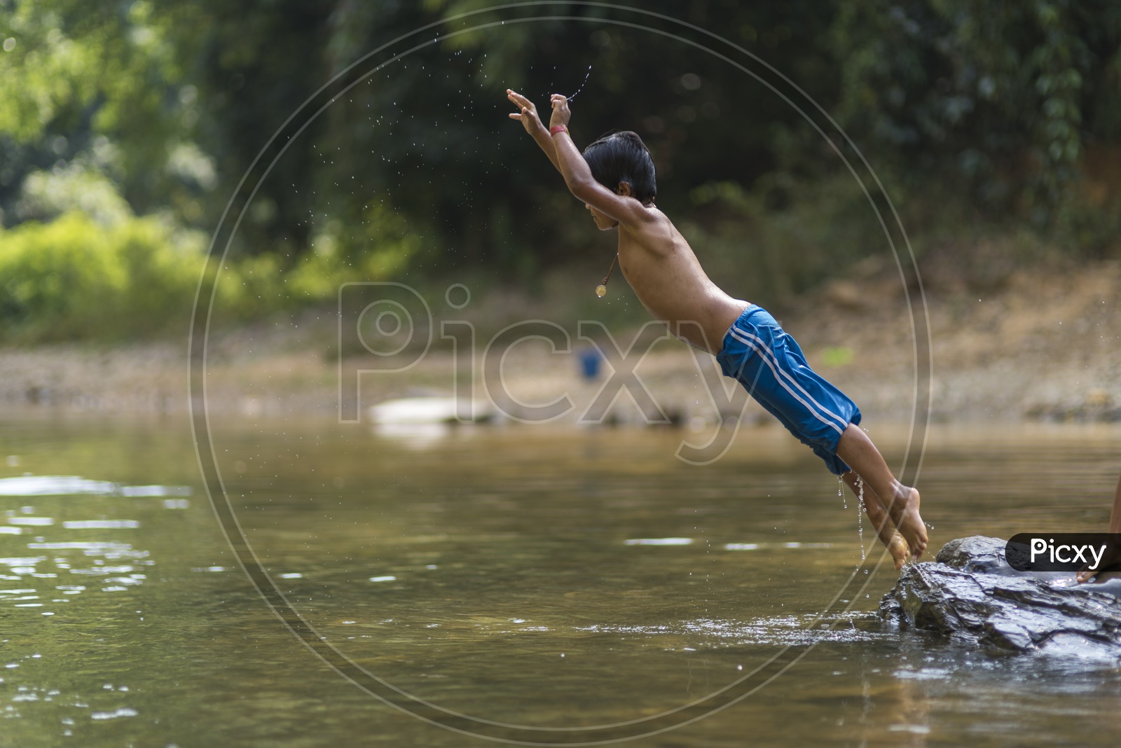 Image of A Burmese kid diving in a river.-YD627993-Picxy