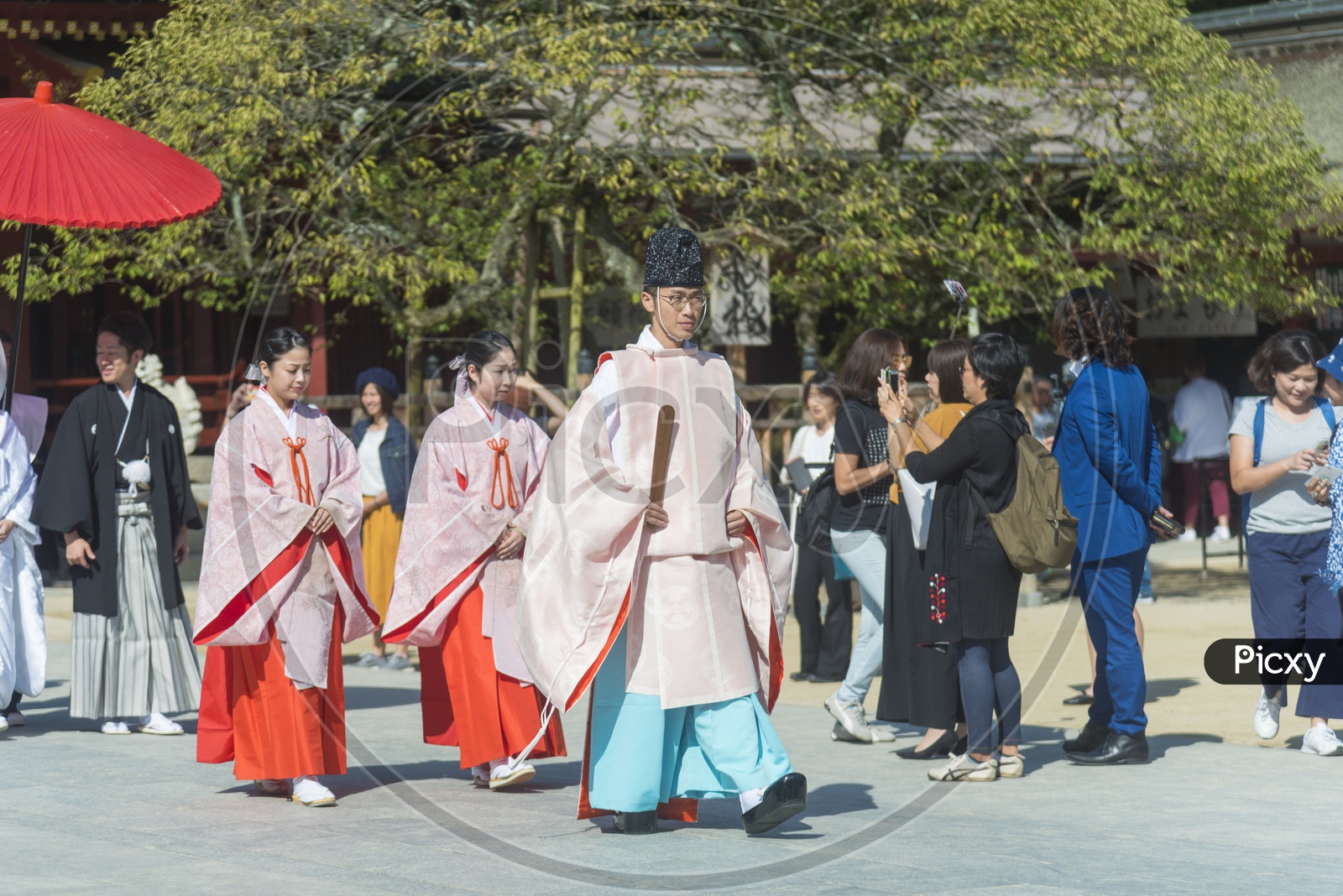 Image of Japanese Temple priests in shrine complex in Fukuoka.-YV078949 ...
