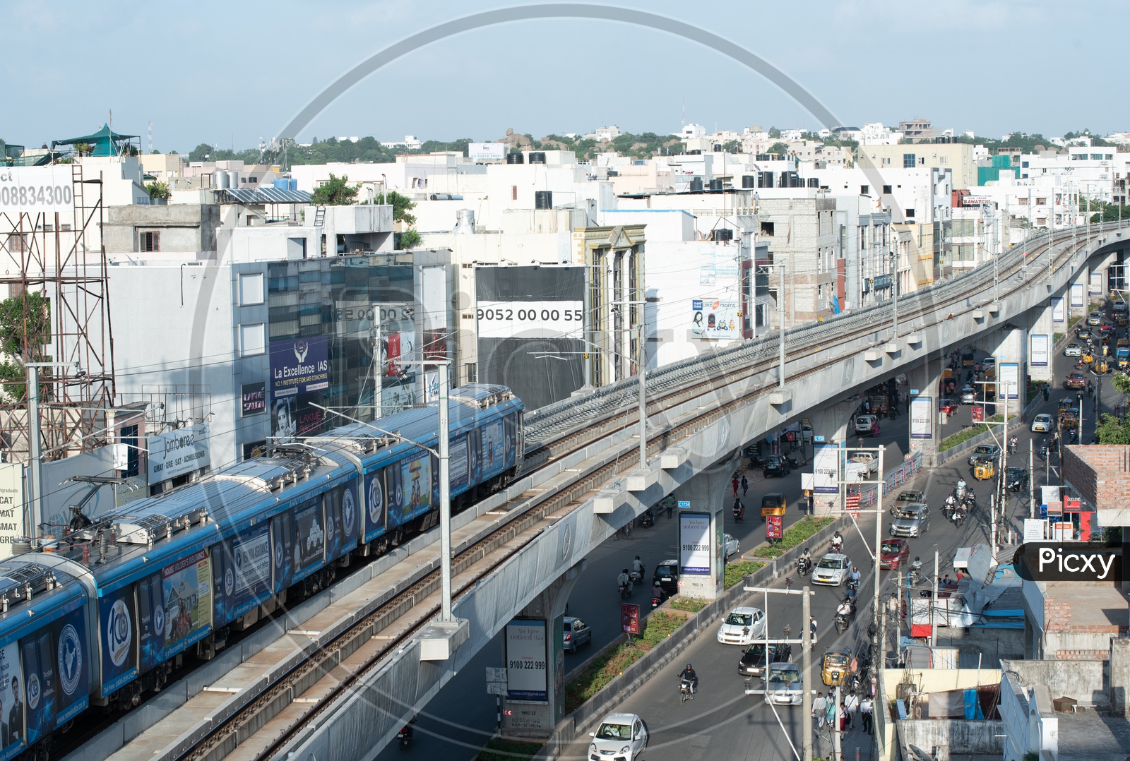 Image of Metro train Running On Track Top View With Commuting Vehicles ...