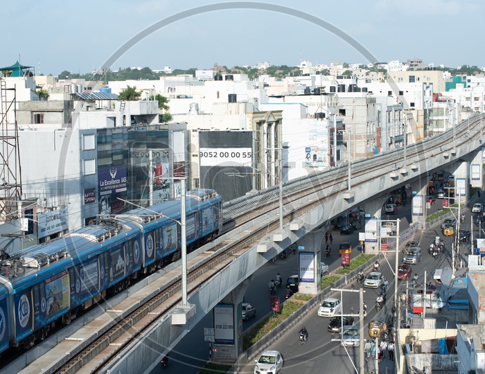 Image of Metro train Running On Track Top View With Commuting Vehicles ...
