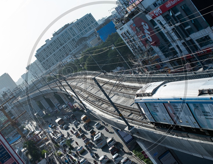 Image of Top View Of a Hyderabad Metro Train Moving On Track With a ...