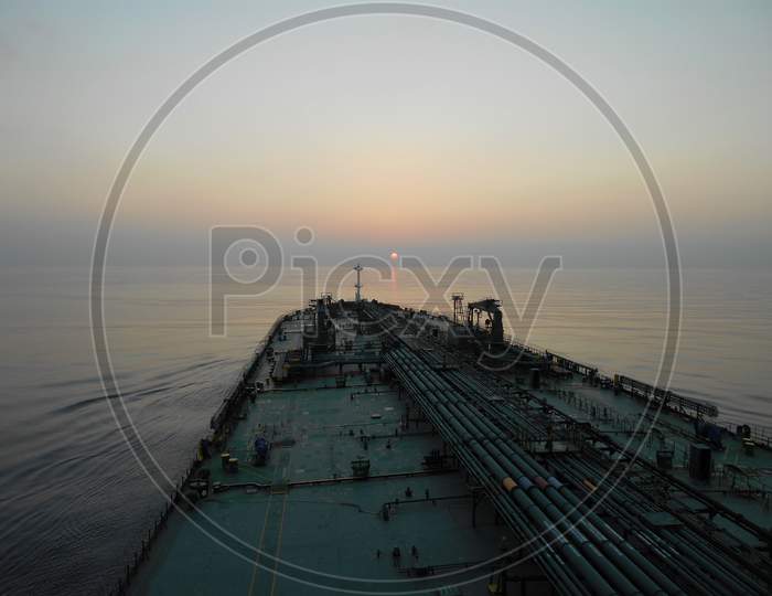 Image of A Ship Is Underway At Sea In The Evening, View From The Bridge ...