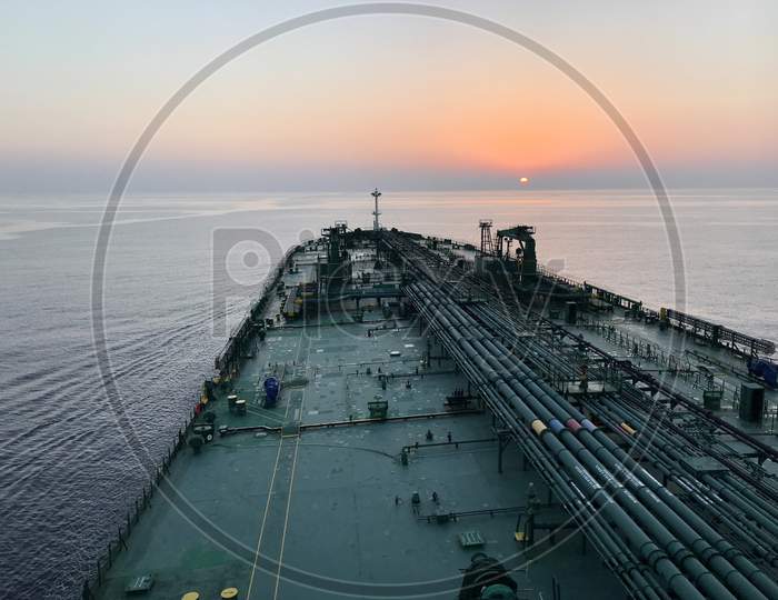 Image of A Ship Is Underway At Sea In The Evening, View From The Bridge ...