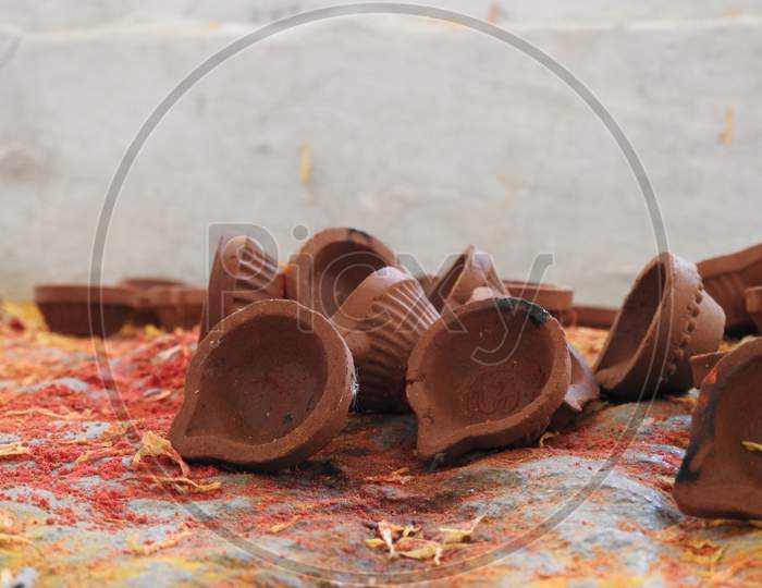 Image of Group Of Hand Made Sand Diyas Near The Yagna Kunda During Puja ...