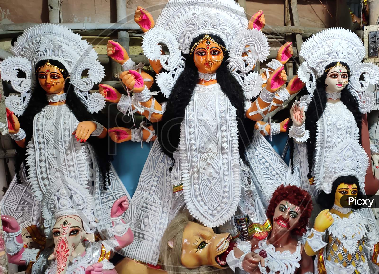 Image of A idol of goddess Durga with her family in Dhakersaaj in a ...