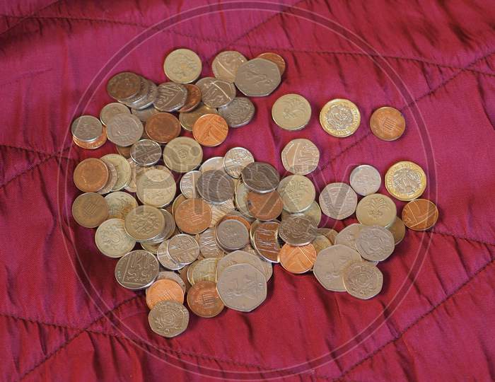 Image of Pound Coins, United Kingdom Over Red Velvet Background ...