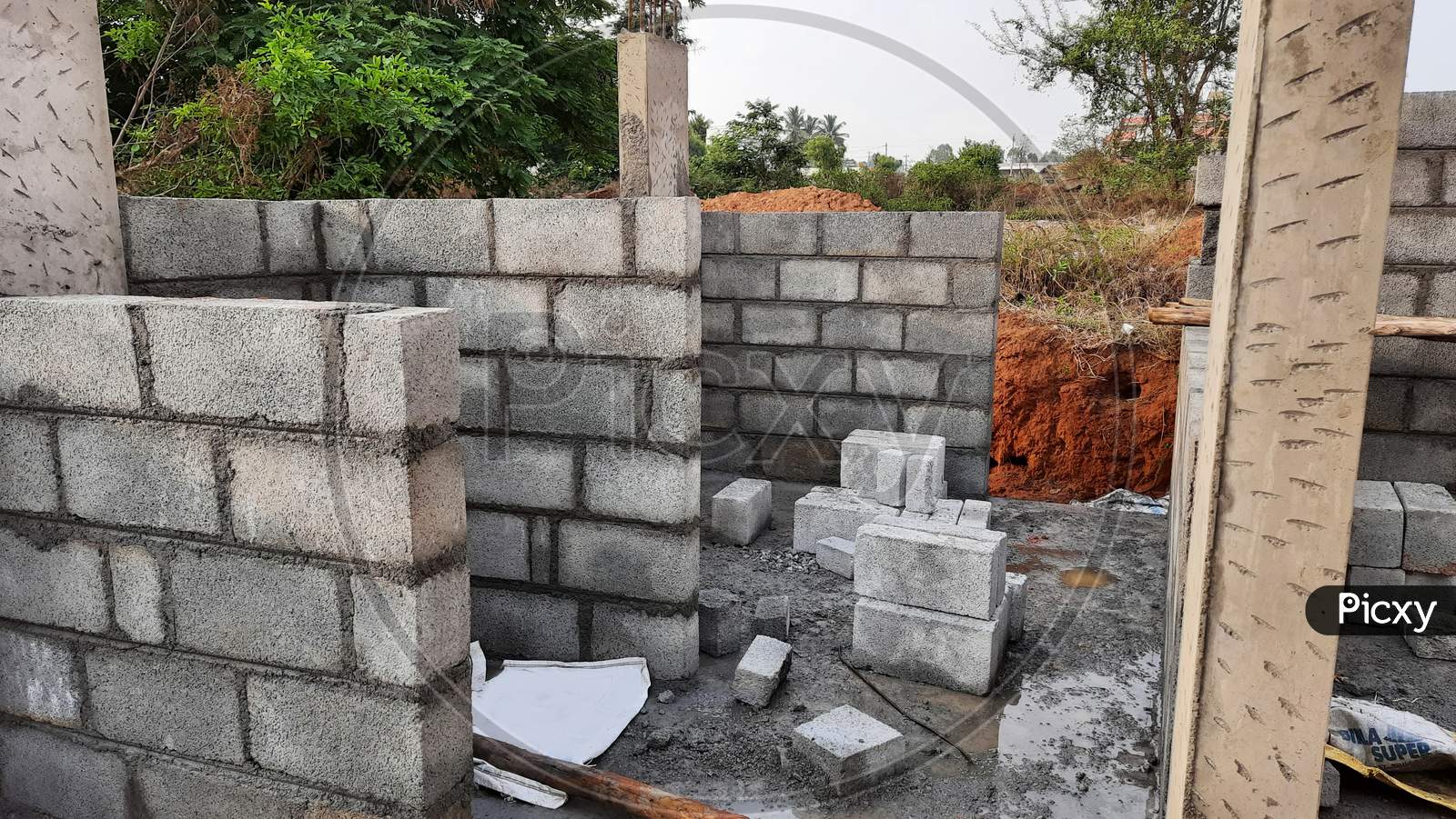 Image of Closeup Of New Residential House Cement Bricks Wall ...