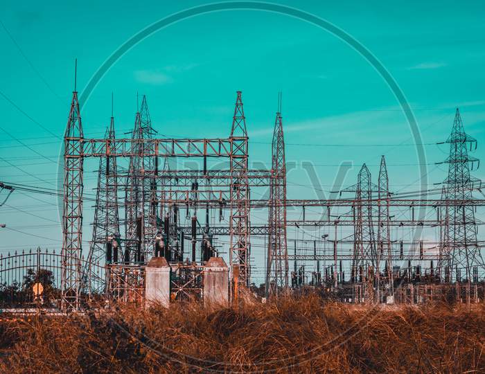 Image of High voltage Electrical substation with steel frames ...