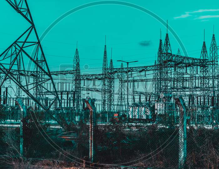 Image of High voltage Electrical substation with steel frames ...