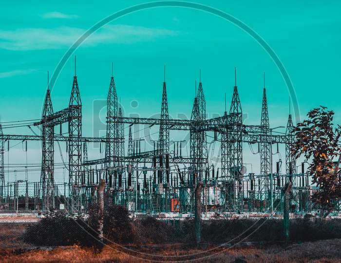 Image of High voltage Electrical substation with steel frames ...