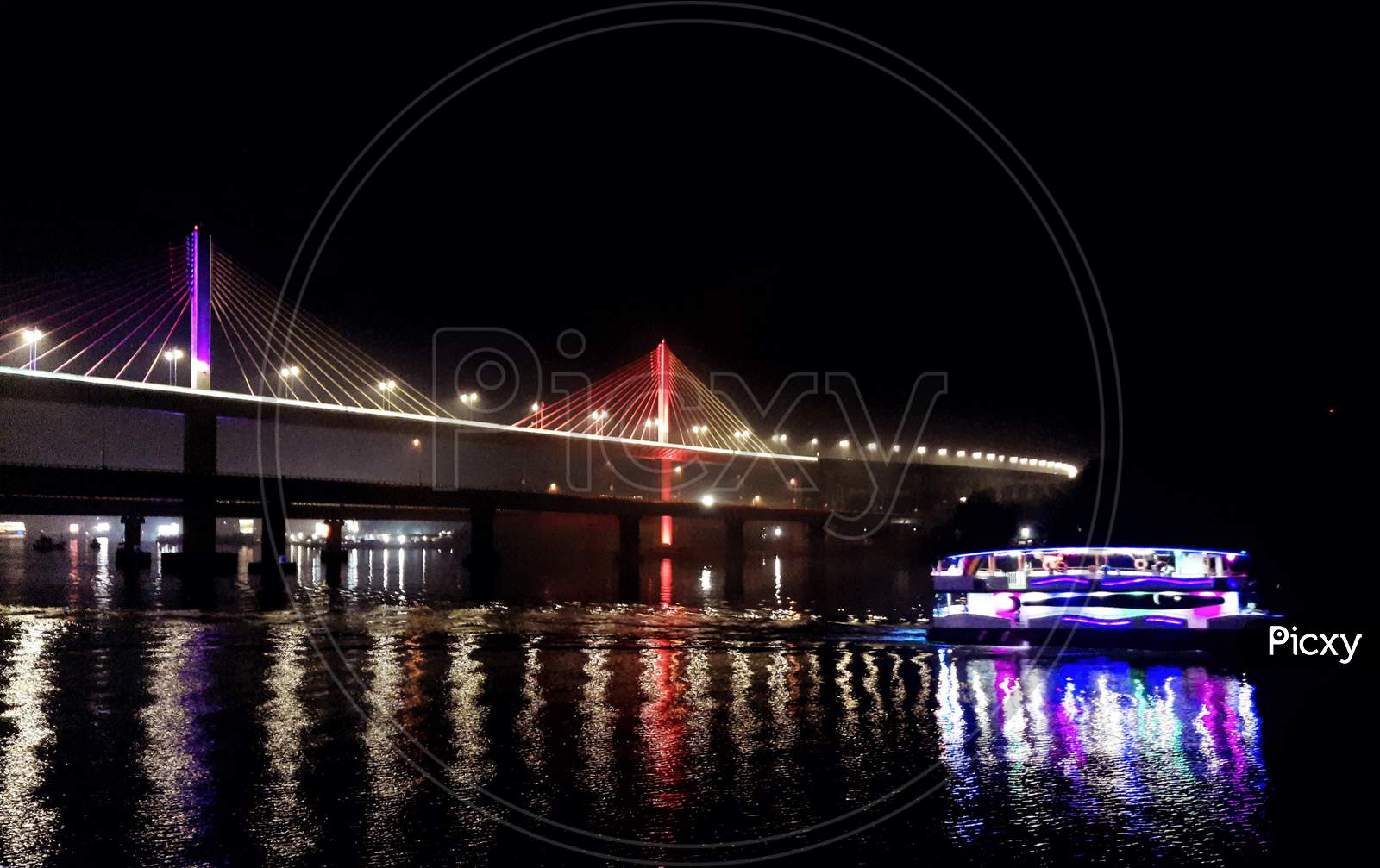 Image of A night picture of Atal Setu in Goa over the Mandovi River ...